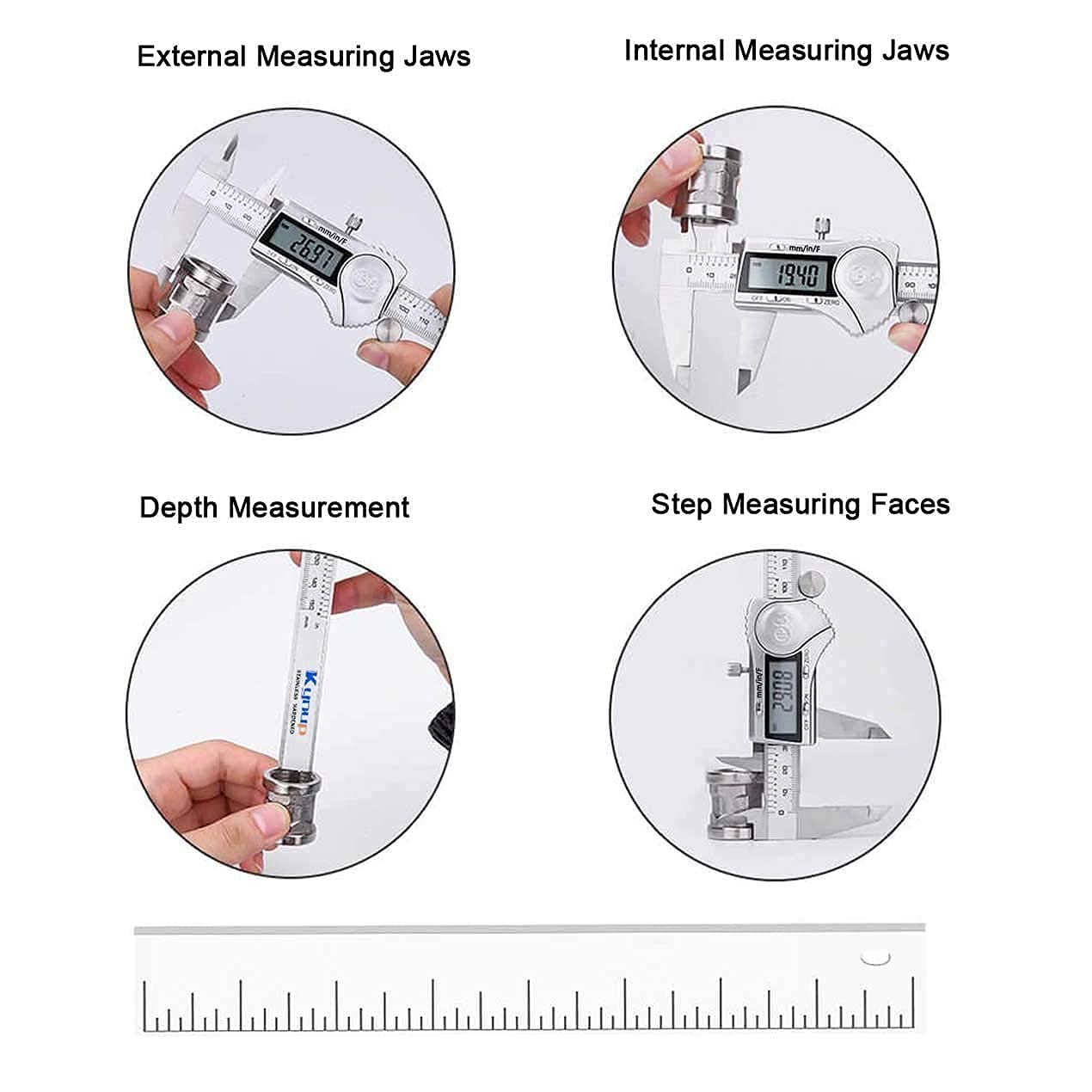 Kynup Caliper, Digital Caliper, Caliper Measuring Tool with Stainless Steel, Easy Switch from Inch Metric Fraction, Large LCD Screen, IP54 Waterproof Protection Design