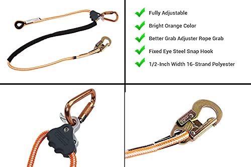 Pelican Rope Positioning with Steel Snap Hook (1/2 inch x 8 feet) – Adjustable, High Visibility Polyester Rope for Fall Protection, Arborists, Tree Climbers - ANSI Z133 & OSHA 1910/1926 Certified