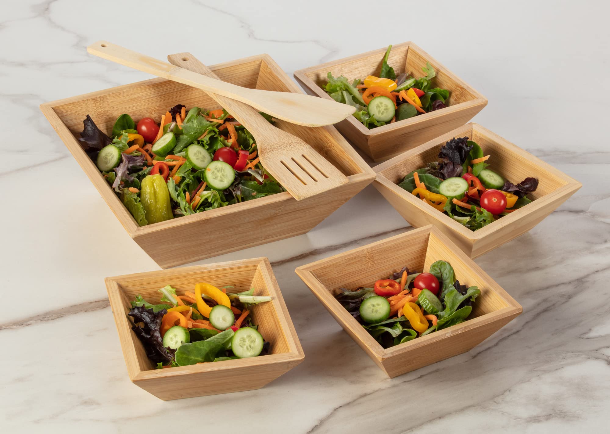 KITCHEN Affections | Bamboo Bowl Set | 5pc Square Bowl Set with Serving Utensils | Wood Dinnerware | Eco Friendly Bowls