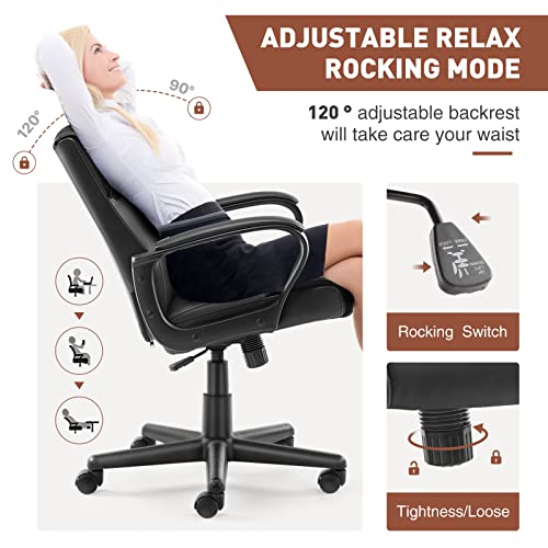 OLIXIS PU Leather, Adjustable Height & Swivel, Black Ergonomic Executive Office, Low-Back Home Computer Desk Chair with Lumbar Support