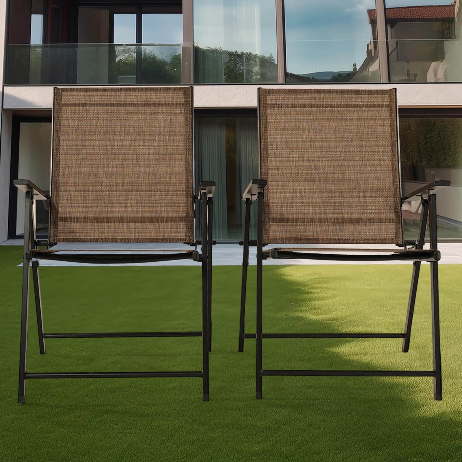 SJGUOJI Patio Folding Chairs Set of 4, Outdoor Lawn Chairs with Rustproof Metal Frame, Portable Dining Chairs for Porch, Deck, Garden, Backyard, Camping（Brown）