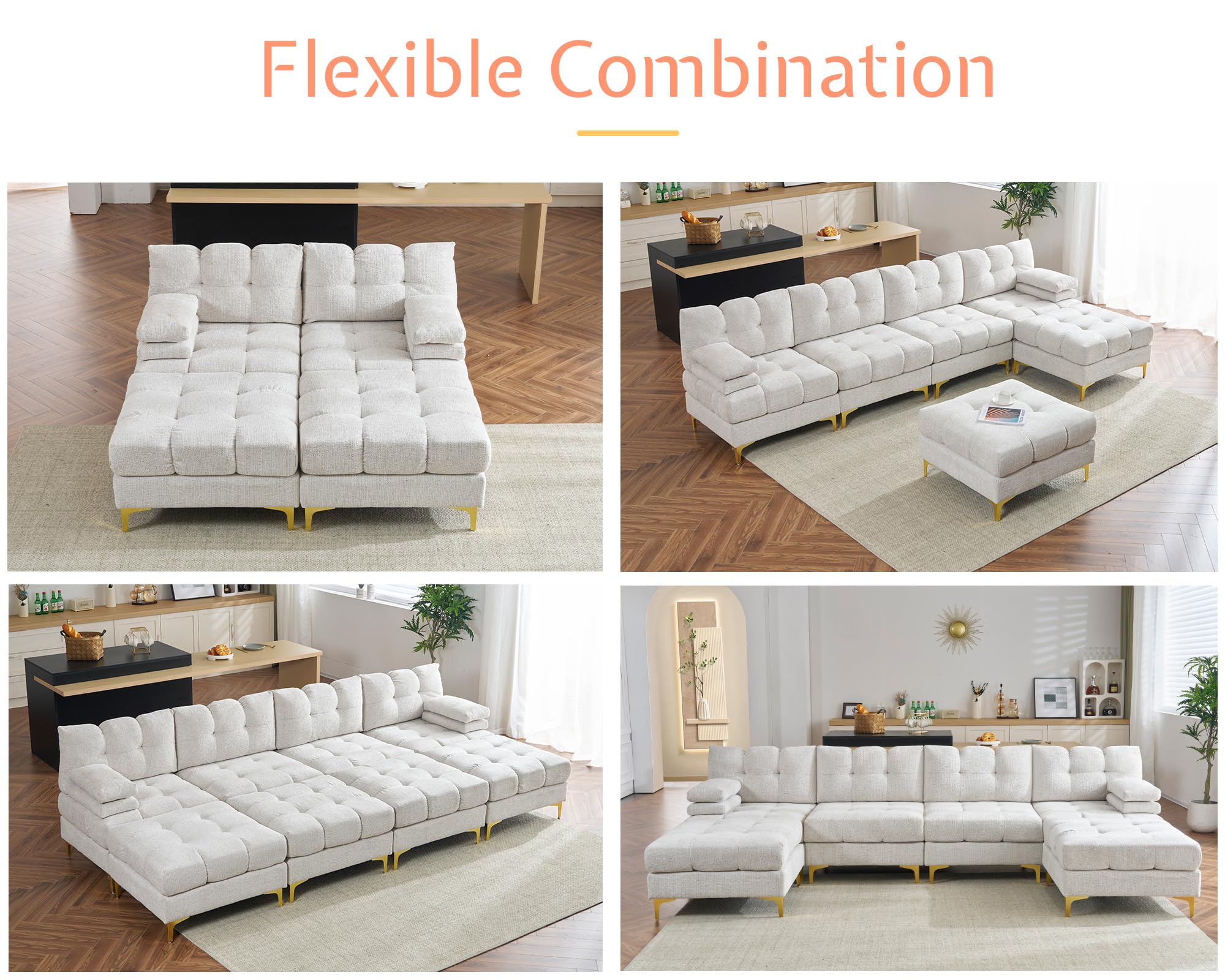 PaPaJet 124 Inch Sectional Sofa, 6 Seater Modular Sectional Couch with Metal Legs, U Shaped Sofa Couch for Living Room, Beige Chenille