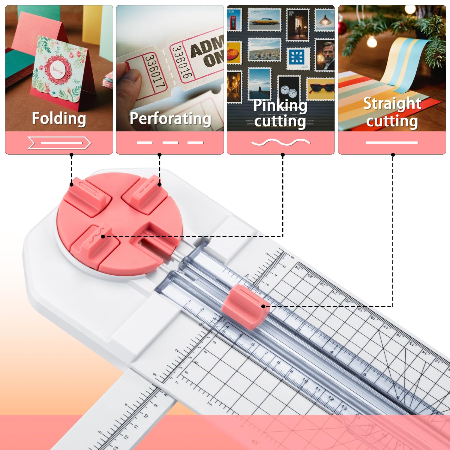 Paper Cutter for Craft:Paper Trimmer, Perforator, Folding, Pinking Cutting on Paper, Vinyl, Cardstock, Photo for Scrapbooking and Cardmaking Plus Sideways Ruler, Pink, Worklion