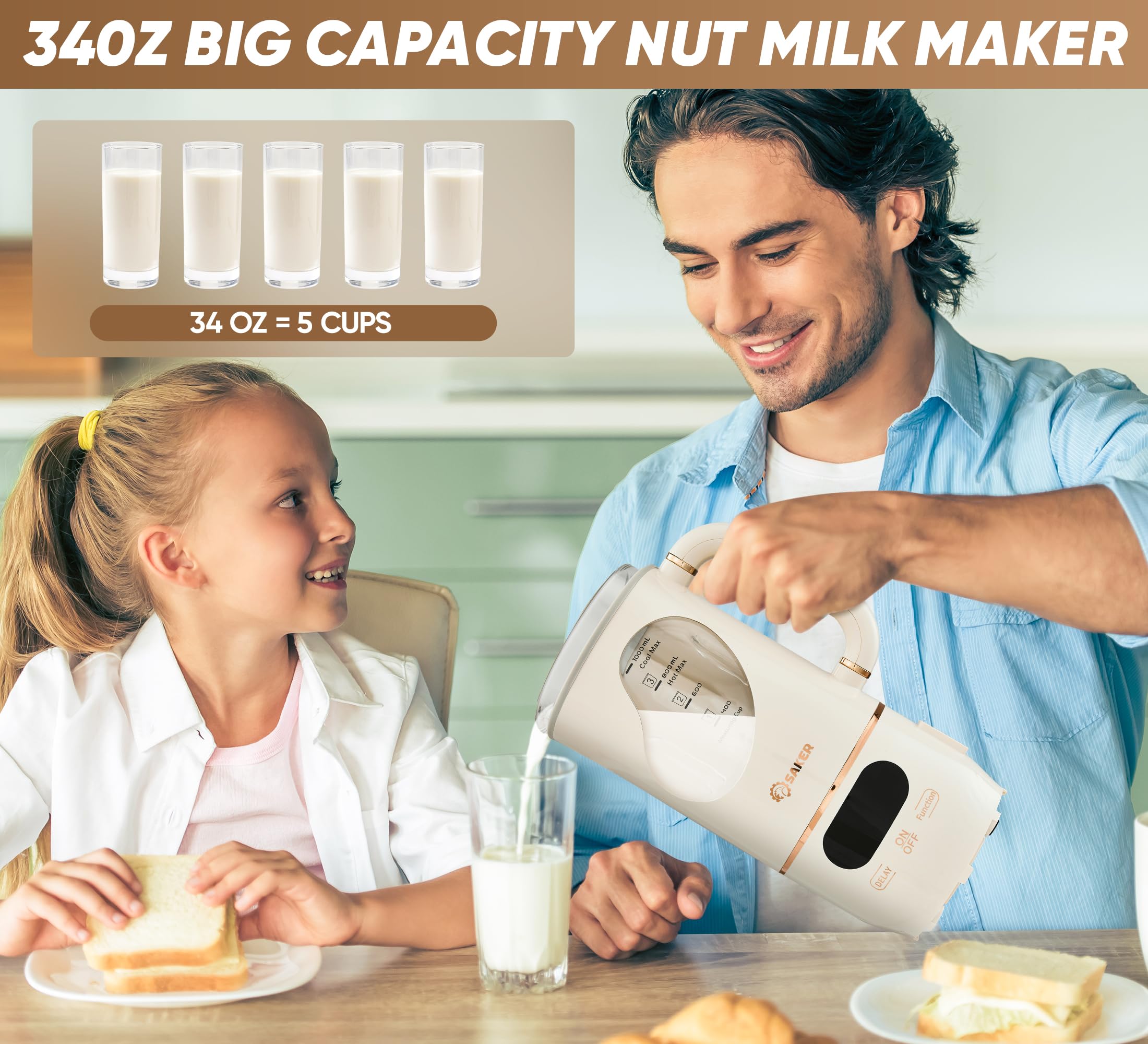 SAKER Automatic Nut Milk Maker,35oz Homemade Almond, Oat, Soy, Plant-Based Milk and Dairy Free Beverages, Almond Milk Maker with Delay Start/Keep Warm/Boil Water, Soy Milk Maker