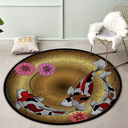 Round Area Rug 4Ft Koi Fish Japanese Style Non Slip Soft Washable Mat Flooring Carpet for Bedroom Living Room Kids Room Laundry Room Decor