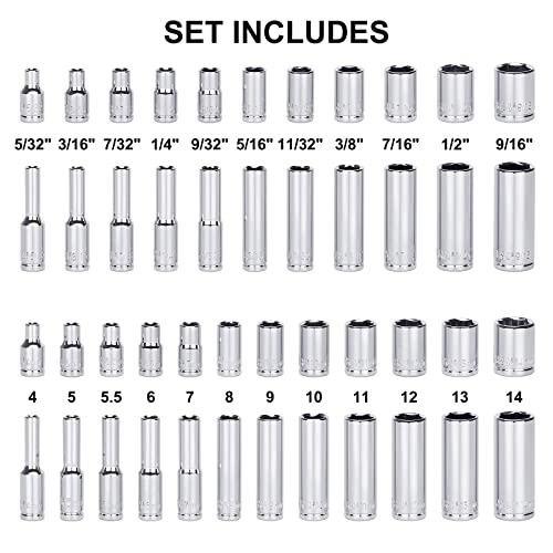 Mayouko 62 Pieces 1/4 Inch Drive Socket Set, SAE/Metric, 1/4" Dr. Socket Set with Ratchet and Adapters, 5/32-Inch - 9/16-Inch, 4mm - 14 mm