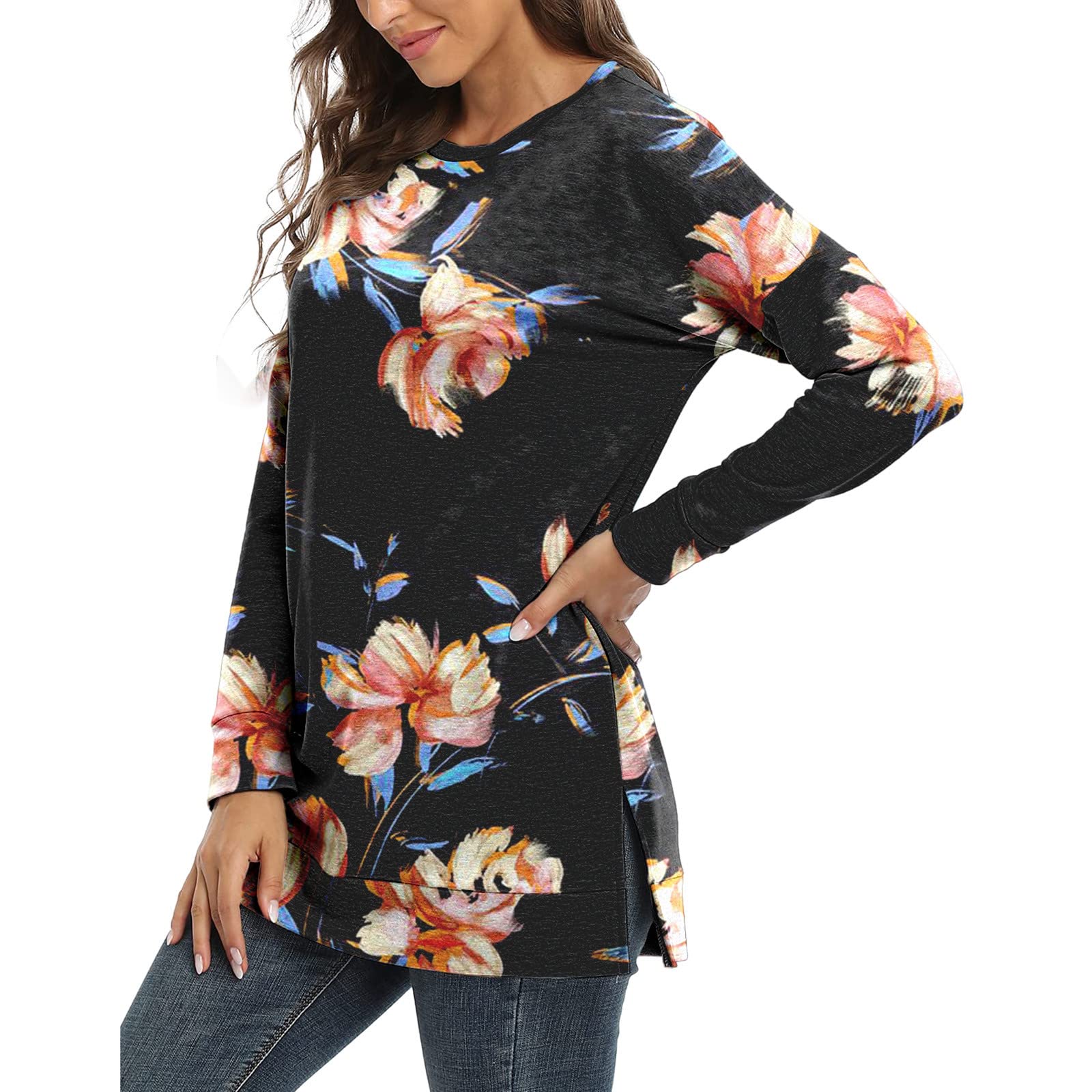 lnmuld Women's Plain Floral Long Sleeve Round Neck Tunic Top Sweatshirt Pullover Jacket Dresses Casual
