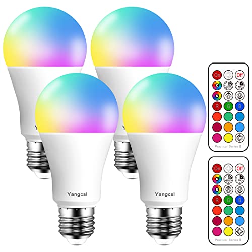 Yangcsl LED Light Bulbs 70W Equivalent, RGB Color Changing Light Bulb, 2 Moods/Memory/Sync/Dimmable, A19 E26 Screw Base, Timing Remote Control Included (Pack of 4)