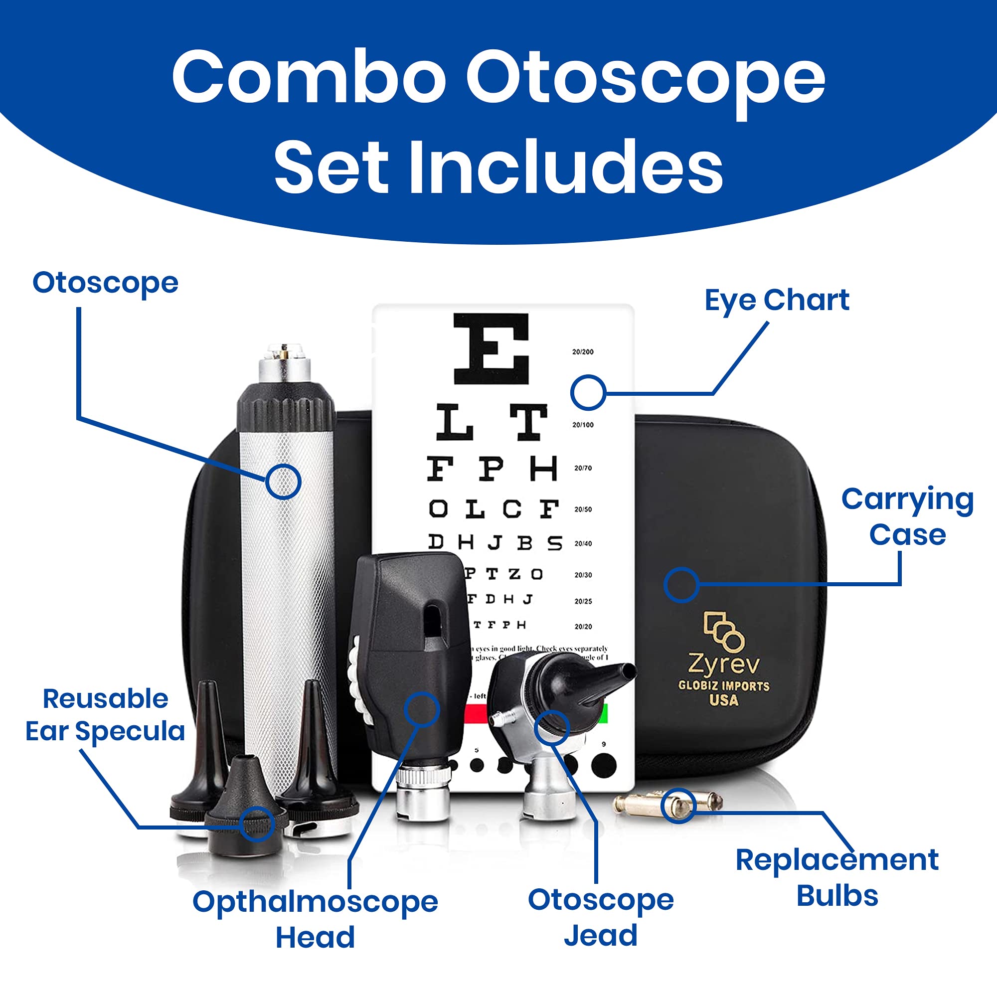 Zyrev Combo Otoscope Oph Set - Multi-Function Otoscope/Opthalmoscope for Ear & Eye Examination with Portable Carry Case, Sight Chart & Replacement Tips (1st Edition)