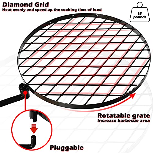 OKL Adjustable Swivel Campfire Grill Grate, Portable Heavy Duty Steel Go Open Fire Cooking Camping Grill Barbecue with Water Bottle Support Frame for Griddle Plate BBQ (18 Inch)