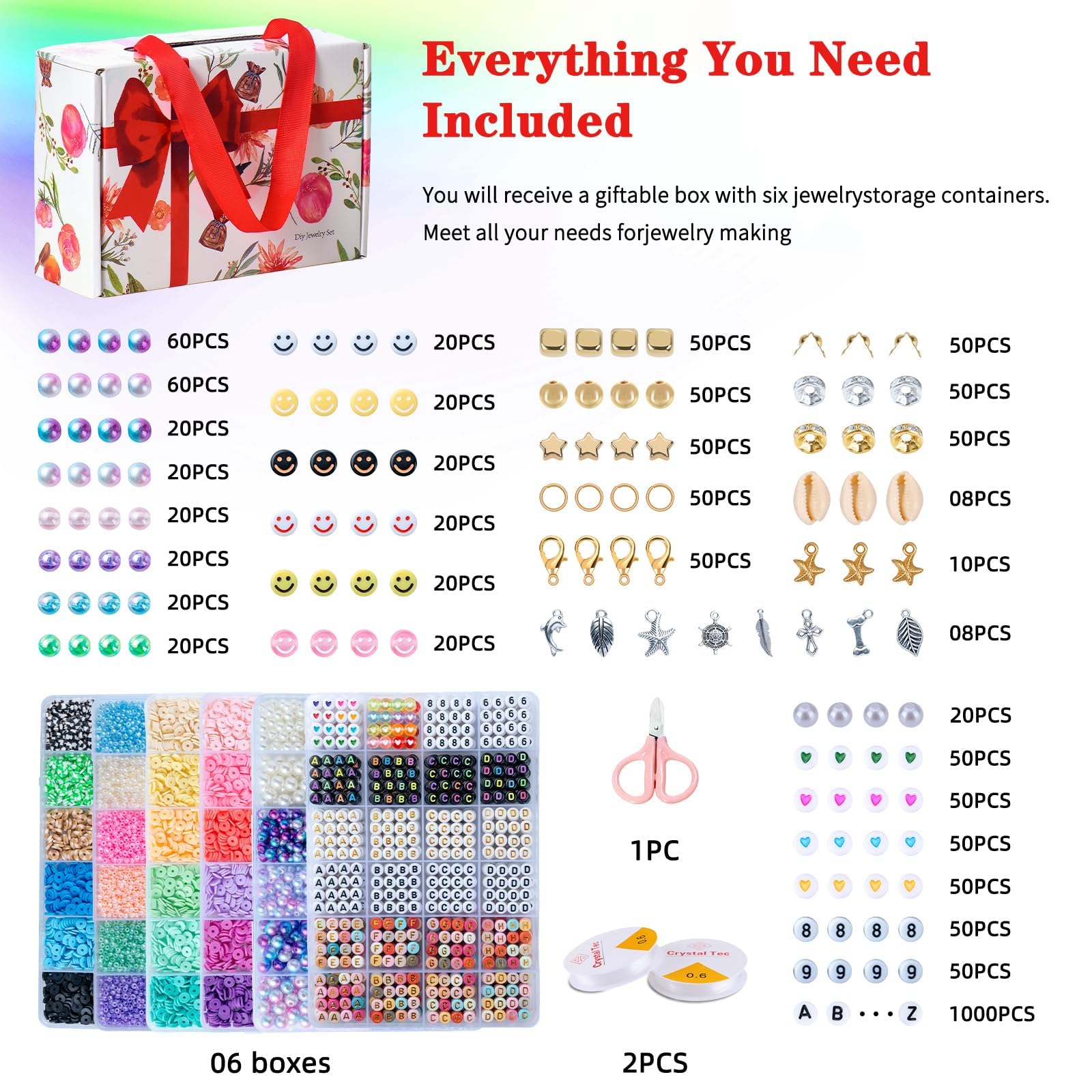 SJZWSD 6-Box Friendship Bracelet Making Kit - 16,000pcs Clay Beads, Seed Beads & Glass Beads Collection, Letter Beads, Charms