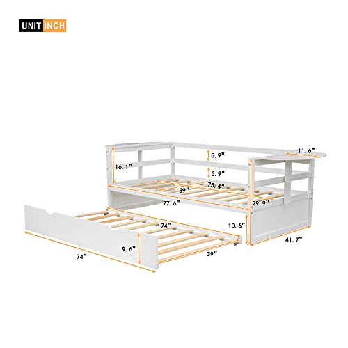 Polibi Twin Size Daybed with Trundle and Foldable Shelves on Both Sides, Wooden Sofa Bed with Wood Frame and Slats, No Spring Box Needed