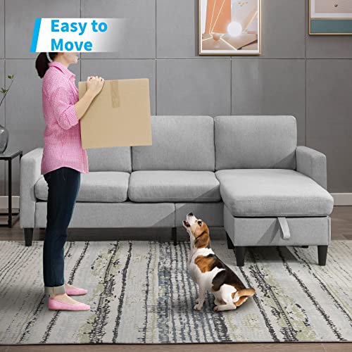 Mjkone Sectional Sofa Bed, Linen Sleeper Couch with Ottoman, Convertible Sleeper Sofa, Couches for Living Room, Chaise Lounge Indoor, Easy Assembly, Light Grey