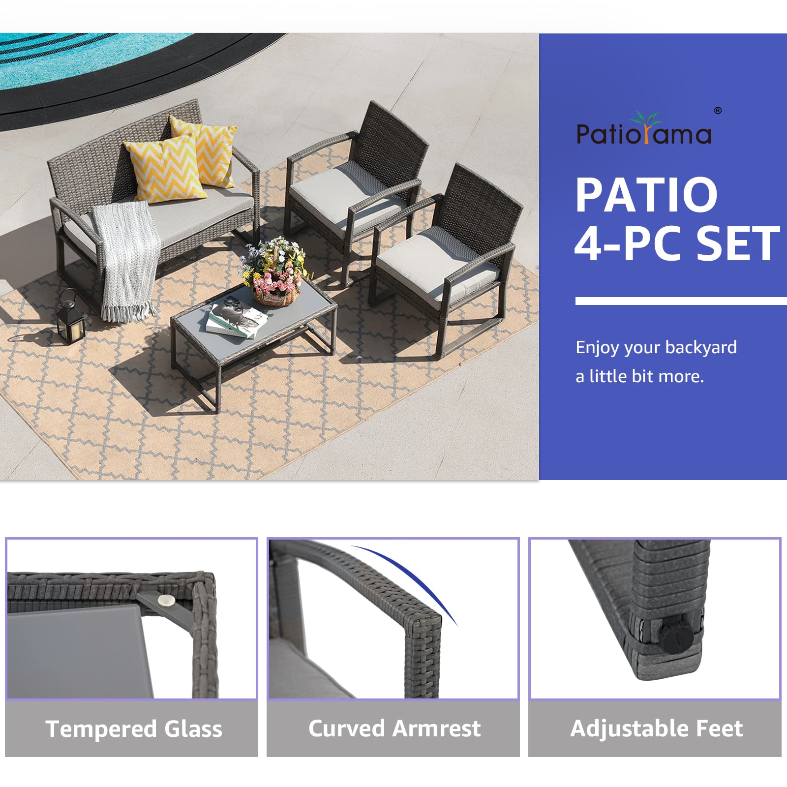 Patiorama 4 Pieces Outdoor Patio Furniture, Wicker Conversation, Rattan Chair, Modern Bistro Set with Coffee Table, Garden Balcony Backyard Poolside (Light Grey)
