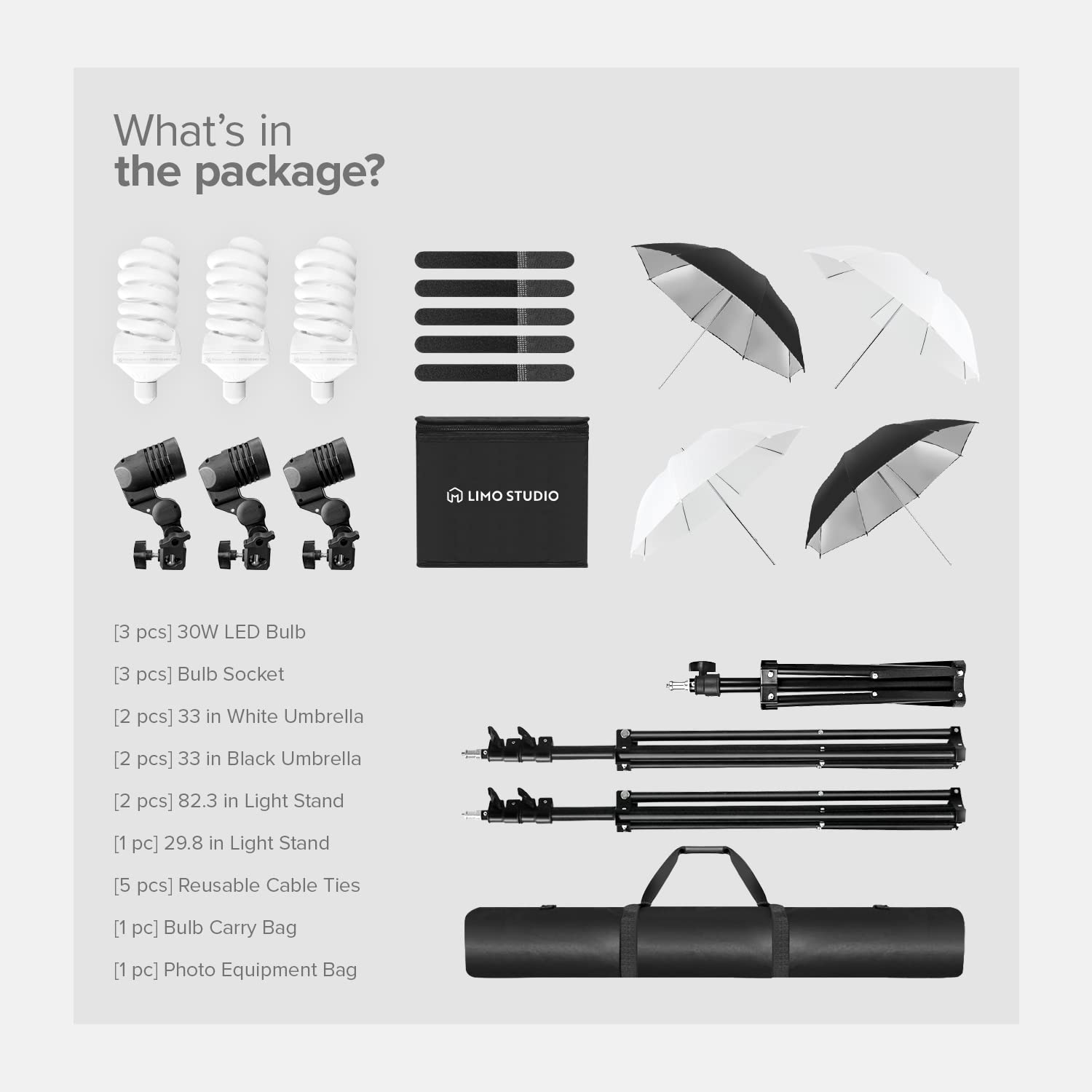 LimoStudio, 900W LED Output Lighting Series, LMS104, Soft Continuous LED Lighting Kit for White and Black Umbrella Reflector with LED Spiral Bulbs, Accessory and Carry Bag