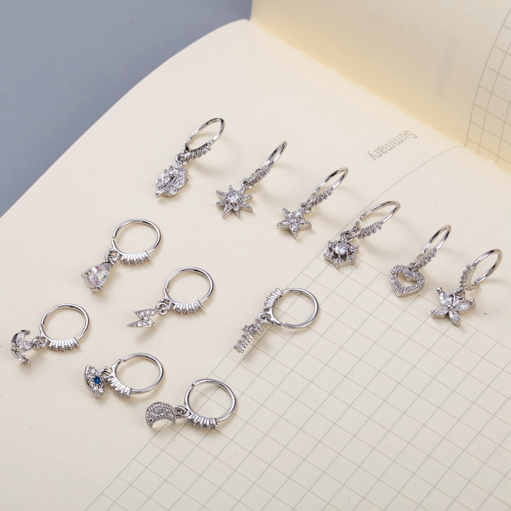 LOAYHOAY 12PCS Dangle Nose Ring Hoop for Women Cartilage Helix Earring Moon Star Cross Evil Eye Dangle Nose Piercing Set G