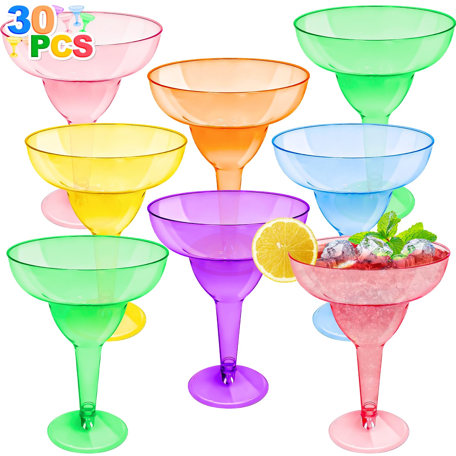 TURNMEON 30 Pack Plastic Margarita Glasses 12 oz Disposable Neon Cocktail Cups for Hawaiian Luau Party Decorations Mexican Fiesta Party Supplies Fun Taco Party Mexican Theme Party Supplies
