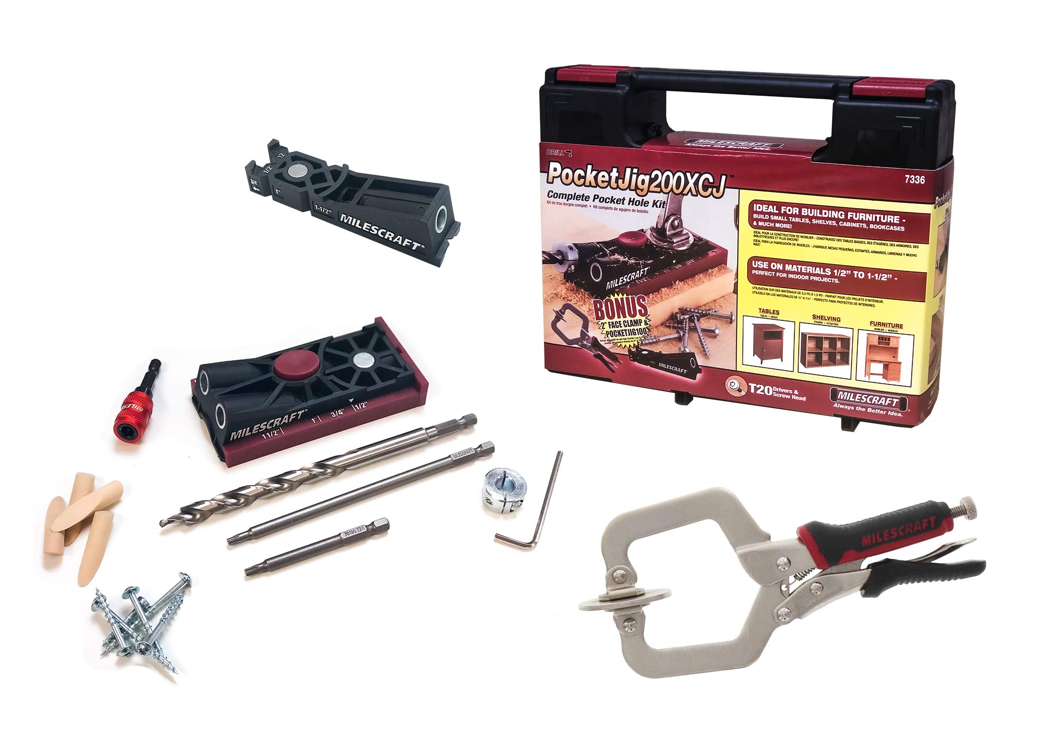Milescraft 7336 Pocket Jig 200XCJ - Pocket Hole Bundle with Double Barrel Pocket Hole Jig, Single Barrel Pocket Hole jig, 2" Face Clamp, And Accessories Needed With Any Pocket Hole Project