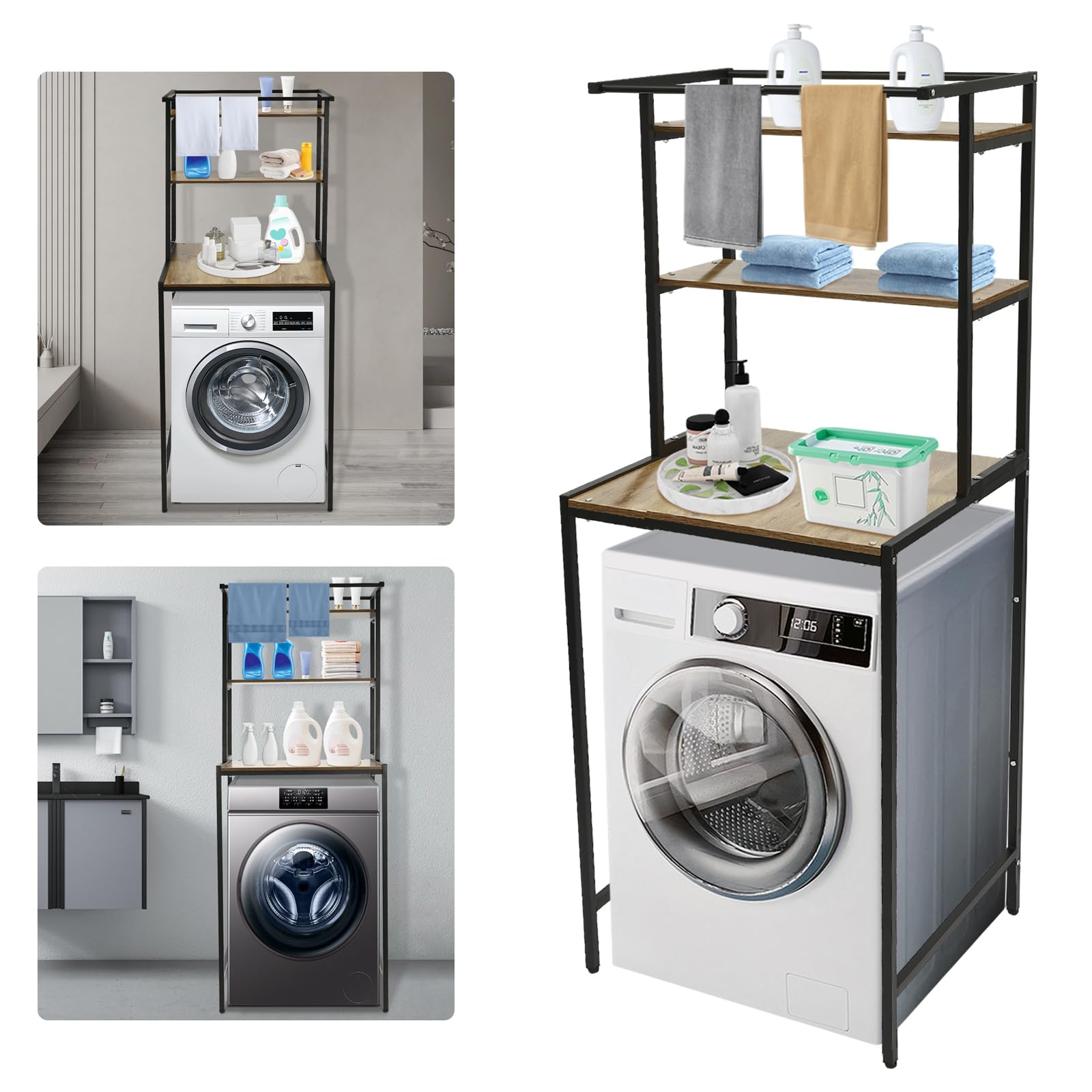 RocoReny Washer Dryer Stacking Rack Stand, Dryer Storage Shelf with Adjustable Shelves, Space Saver Washer Dryer Storage Shelf, Universal Washer for Bathroom Laundry Room (White, Light Walnut)