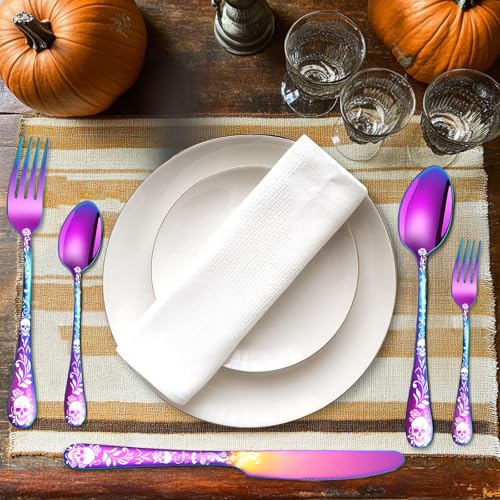 Skull Rainbow Silverware Set, Skeleton Flatware Set, Halloween Silverware Set, Gothic Unique Skull Pattern Design, Stainless Steel Silverware, Dishwasher Safe (20, Rainbow)