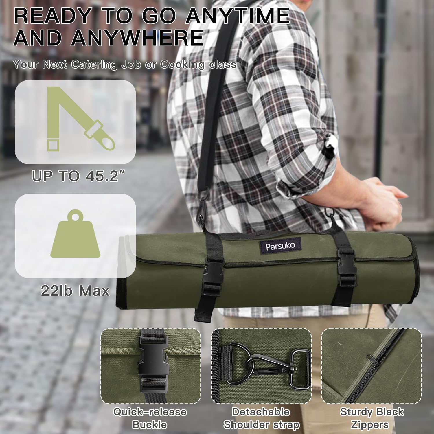 Parsuko Chef Knife Roll Bag,Waterproof Waxed Canvas Knife Case Holds,Knives Roll Bags for Chefs Professional with Adjustable Strap,Chef Backpack with 10 Knife Slots and a Large Zippered Pocket