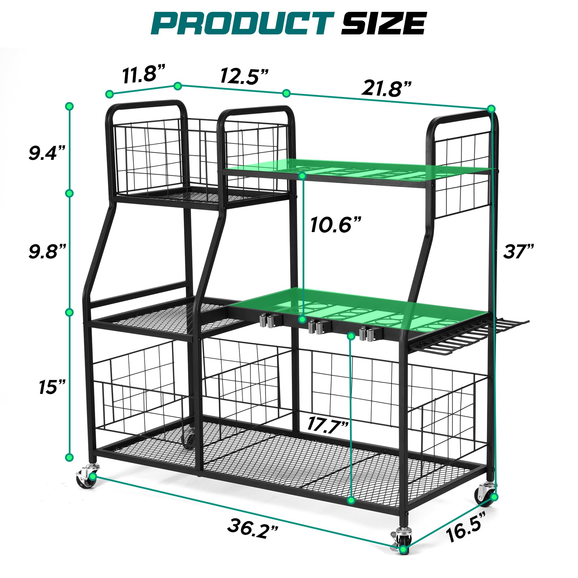 Rengue Garden Tool Organizer, 3 Tier Utility Yard Tool Organizer with Wheels, Large Garden Tool Storage Rack with Extra Storage Basket for Shed/Garage/Garden/Yard/Lawn