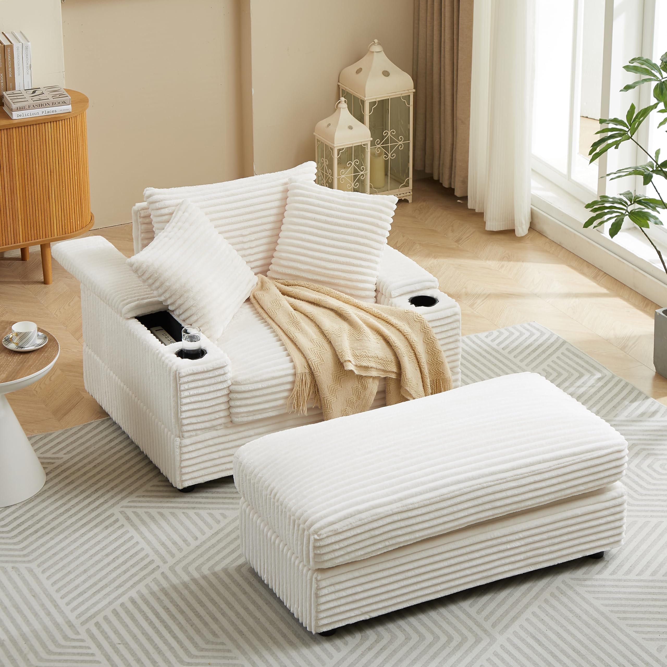 NDPQN 43.3" Corduroy Single Sofa with a Back Pillow, 2 toss Pillows, a Qttoman, 2 storage Spaces & Cup-holding Grooves Comfy Sofa-Deep Seat Couch for Living Room (Beige)