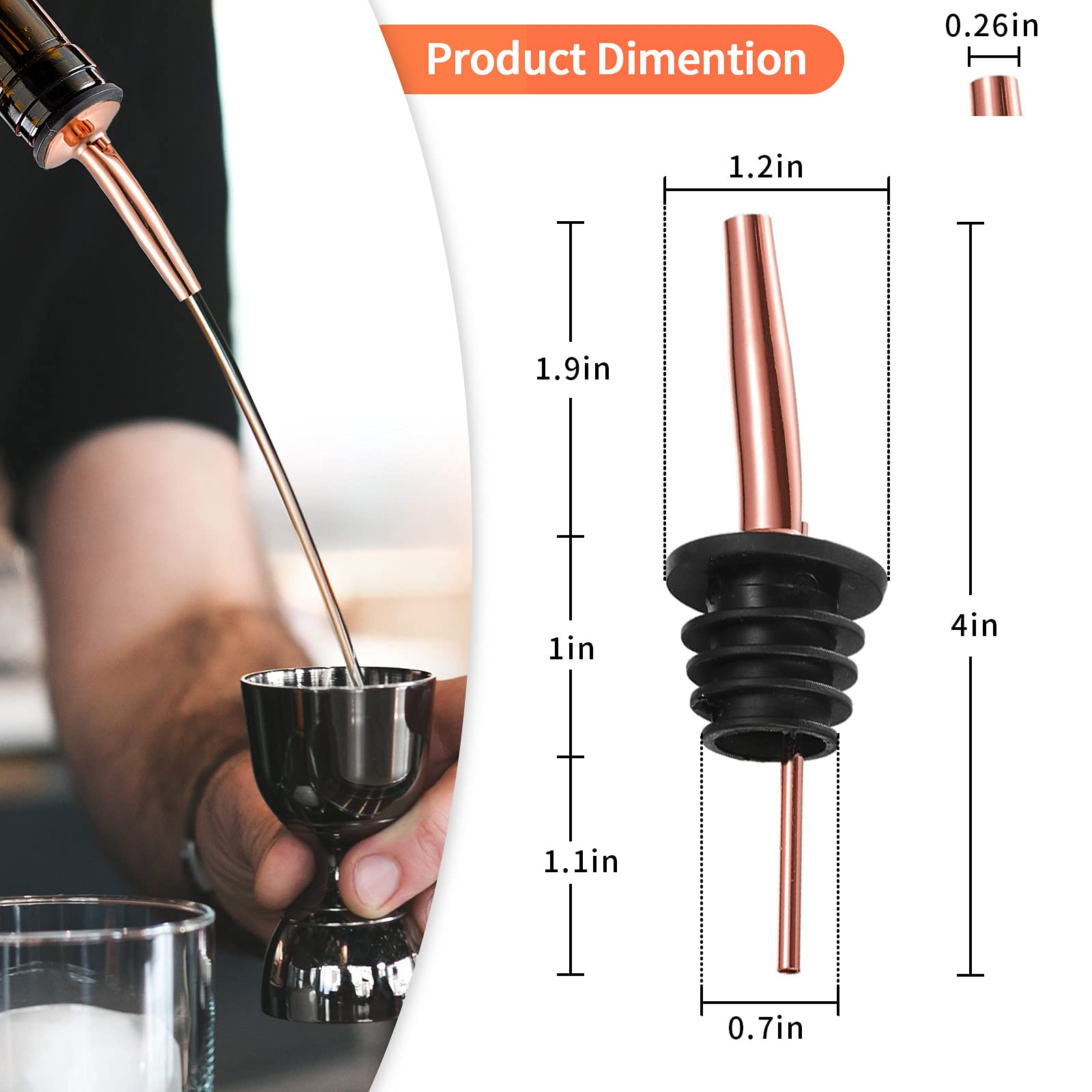 Liquor Bottle Pourers - Stainless Steel Classic Bottle Pourers with clean bursh, Rustproof Metal Alcohol Pouring Tubes For Bars, Clubs, Restaurants & Home Use (Copper) (24 pack)
