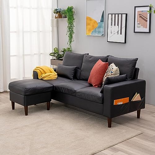 Panana Reversible Sectional Sofa Couch for Small Apartment L Shape Sofa Couch 3-seat Sectional Corner Couch, Black Leathaire