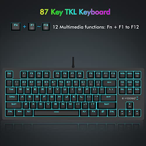Mechanical Keyboard and Mouse, E-YOOSO Z-737 Wired Gaming Keyboard and Mouse with OUTEMU Blue Switches, 8000 DPI Honeycomb Mouse with Mouse Pad, Blue Backlit & RGB Sidelight 87 Keys Keyboard for PC