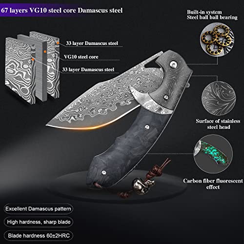 Minowe Handmade Damascus Steel Folding Knife with leather case,3.8in VG10 steel core blade,Steel ball bearings+Carbon Fiber handle,Tactical pocket knife Hiking carry EDC Knife