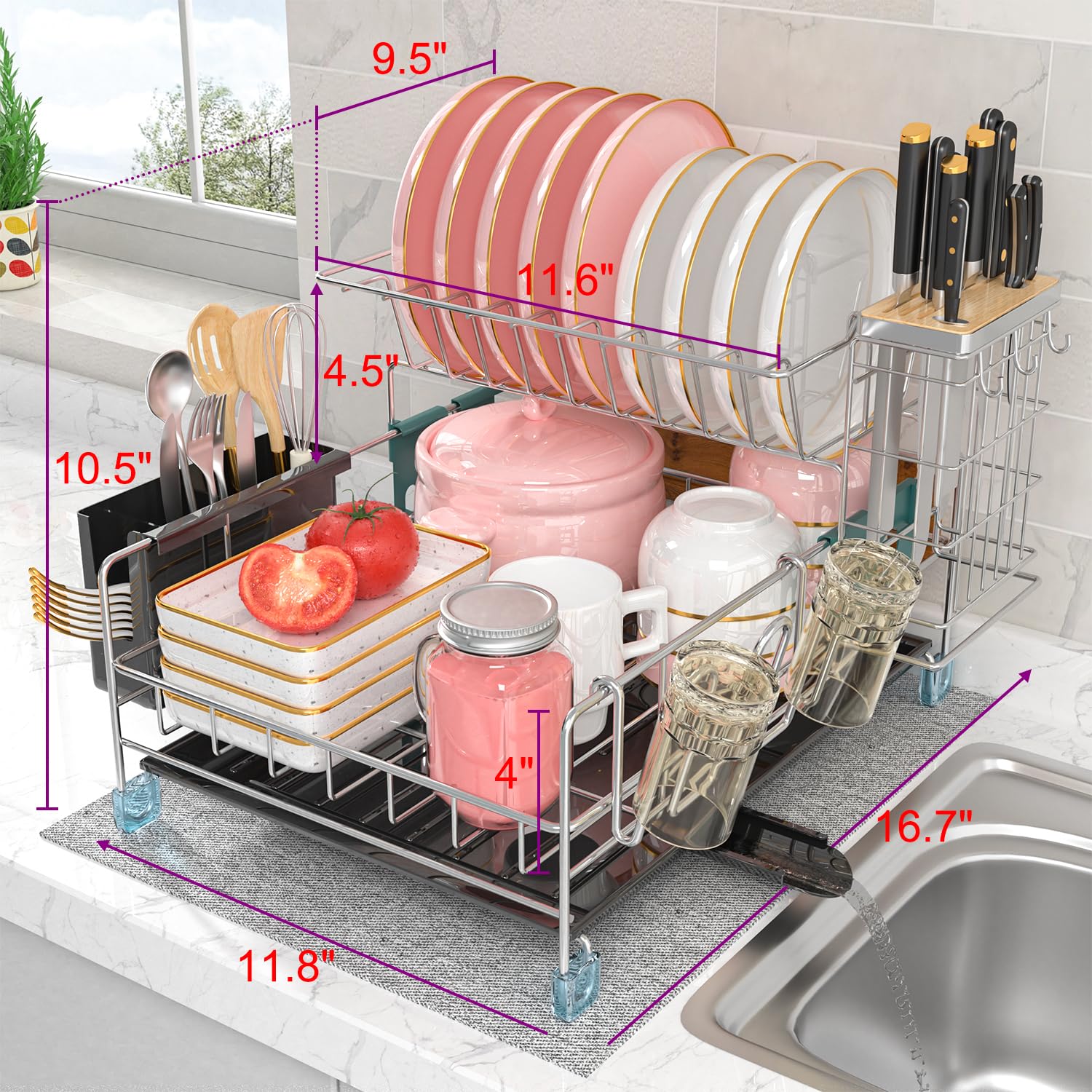slhsy Dish Drying Rack - Large Capacity Stainless Steel Dish Rack for Kitchen Counter, 2-Tier Detachable Kitchen Organizers and Storage Rack with Drainboard and Cutlery Holder, Silver