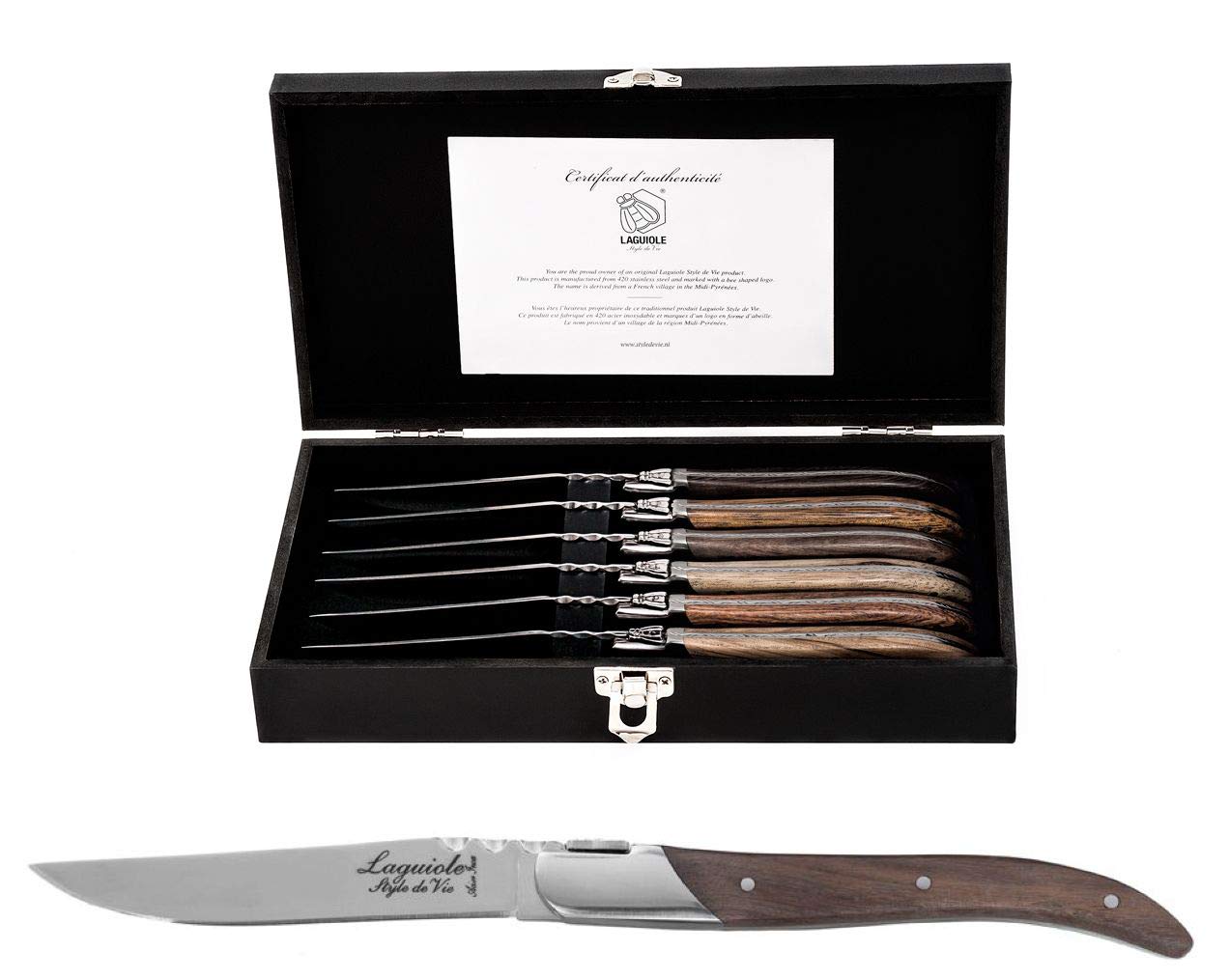 Laguiole Style de Vie Steak Knives, Luxury Line, 6 pieces, Mixed Wood, in giftbox