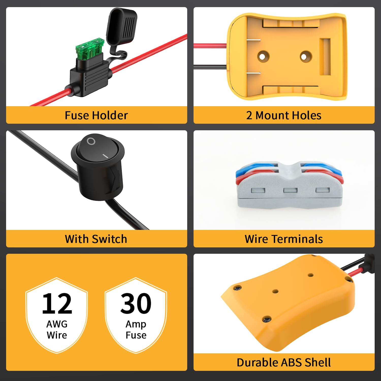 Kzreect Power Wheels Adapter for Dewalt 20V Battery Adapter, 20V Power Wheels Battery Converter Kit with Fuses Holder and Switch, Wire Terminals, 12AWG Wire for RC Car Toys Truck Adapter Set (1 Pack)