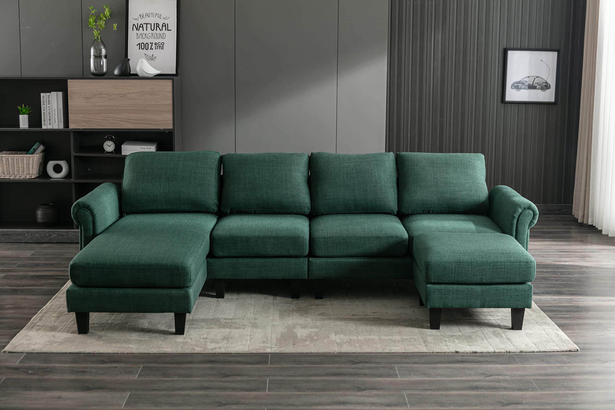OUYESSIR U-Shaped Sectional Sofa Couch, 4 Seat Sofa Set for Living Room, Convertible L-Shaped Linen Couch Set with Chaise Lounge, Ottoman and Pillows,109 inches (Emerald Green)