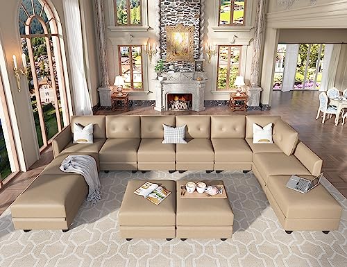 LLappuil Oversized Modular Sectional Sofa with Storage, Faux Leather Fabric U Shaped Sectional with Chaise, 12 Seater Modular Sleeper Couch for Living Room, Cognac