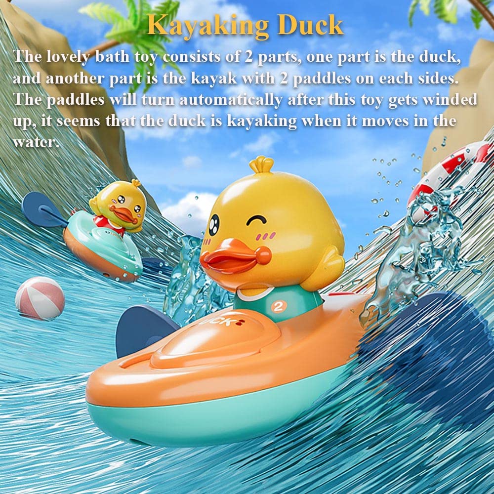 NEXTAKE Pull and Go Kayak Duck Bath Toy, Pull String Kayaking Duck Bathtub Toy Duck Tub Toy Wind-up Rowing Duckling Water Toy Duck Boat Toy for Boys and Girls (Orange)