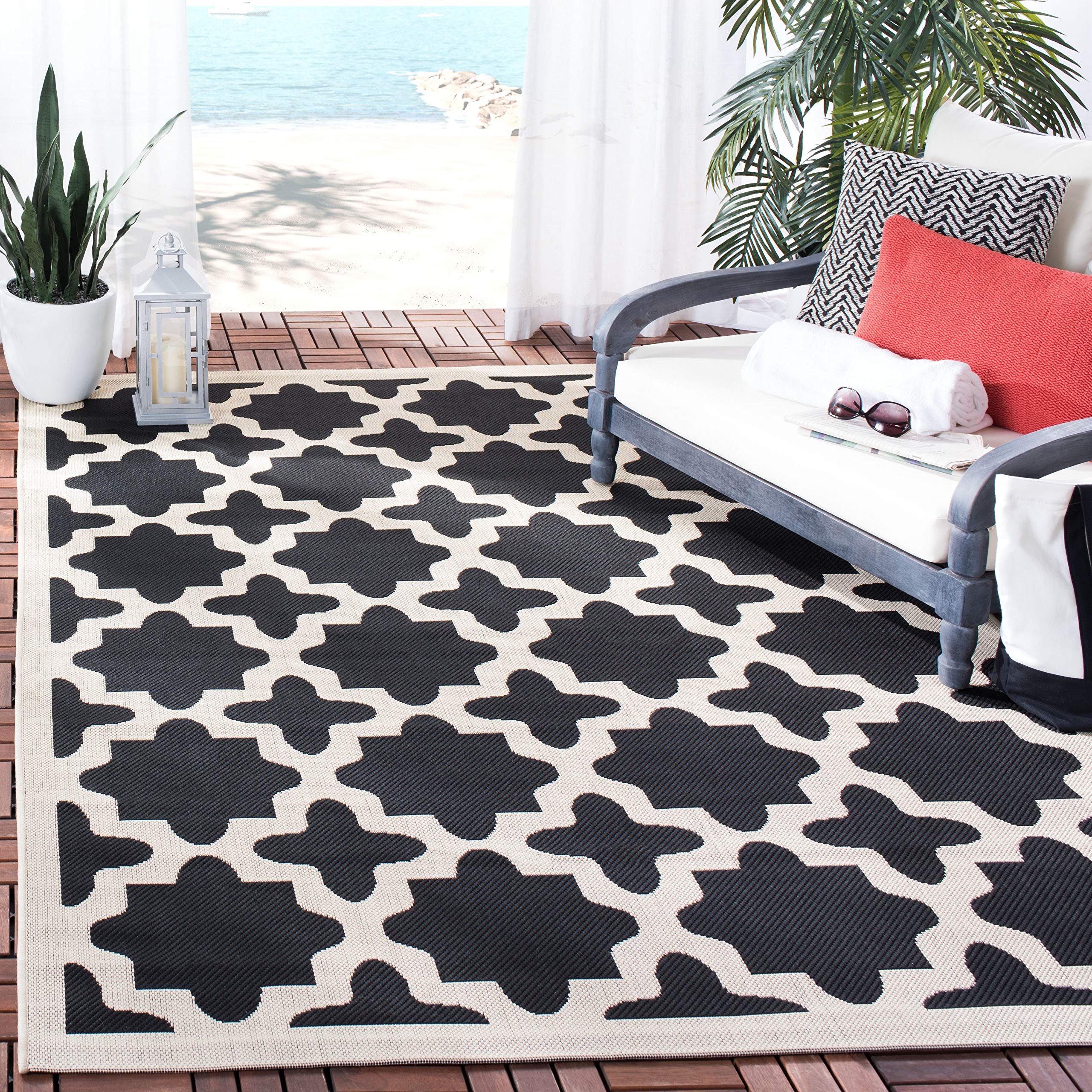 SAFAVIEH Courtyard Collection Area Rug - 9' x 12', Black & Beige, Non-Shedding & Easy Care, Indoor/Outdoor & Washable-Ideal for Patio, Backyard, Mudroom (CY6913-266)