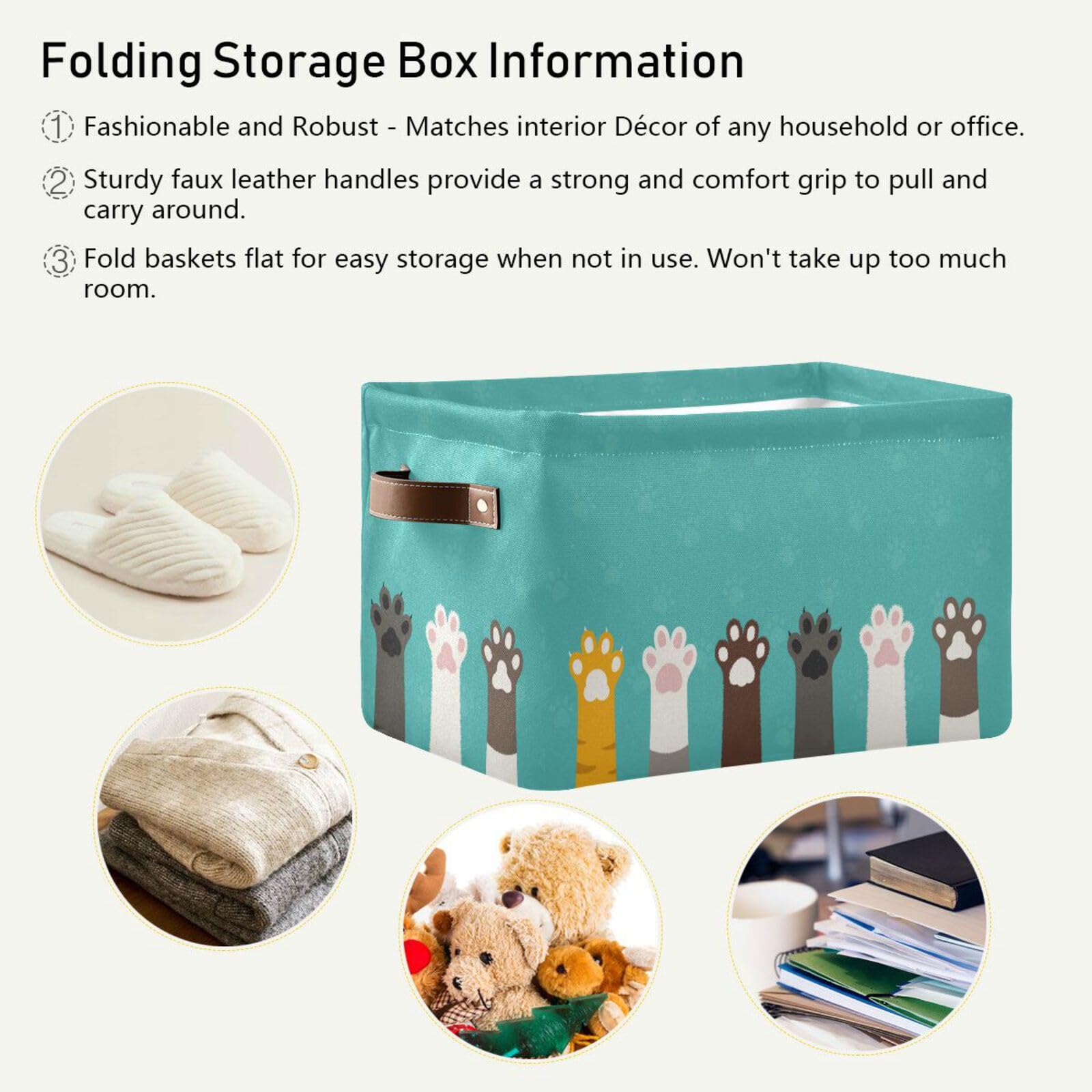 Kigai Foldable Rectangular Storage Baskets - Fabric Shelves Storage Bins with Leather Handles for Organizing Closet Clothes, Toys, Towels, Bedroom, Bathroom, Nursery, Office (Cute Cat Paws,2 PCS)