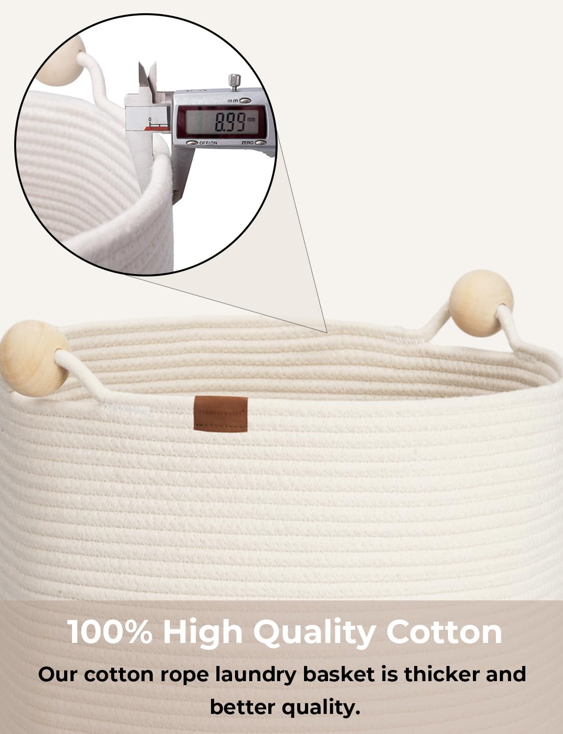 StorageWorks 58L Cotton Rope Laundry Basket with Wooden Beads Handles, Woven Basket for Storage, Dirty Clothes, Kids Toys, Towels, White & Light Brown