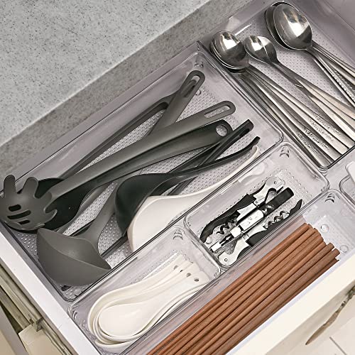 YFEEN 4Pack Large Size Clear Plastic Desk Drawer Dividers Drawer Organizer Wide Tray for Makeup,Kitchen Utensils,Jewelries and Gadgets 12ββx6ββ