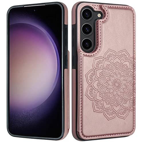 MMHUO for Samsung Galaxy S23 Case with Card Holder,Flower Magnetic Back Flip Case for Samsung Galaxy S23 Wallet Case for Women,Protective Case Phone Case for Samsung Galaxy S23 5G (2023),Rose Gold