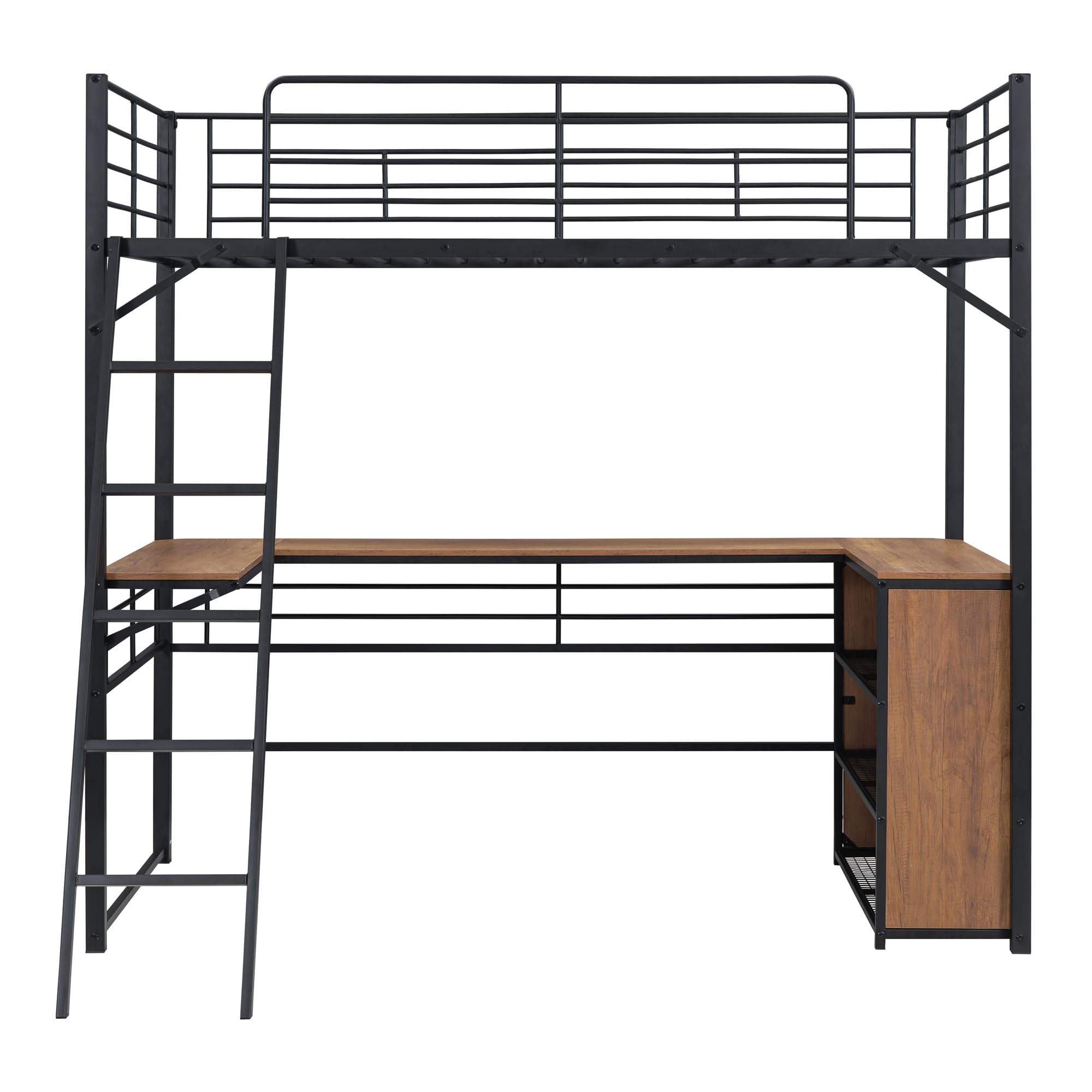 Twin Size Metal Loft Bed with L-Shaped Desk,Heavy Duty Metal Loft Bed with 3 Tier Shelves for Kids Teens Adults,High Loft Bed Frame, Space Saving(Twin,Black)