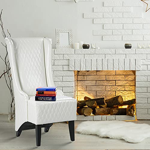 ME2 22" W Luxury Leather Chair for Dining Room High Back Accent Chair for Living Room, Solid Wood Frame Side Chair with Wood Legs Dining Chair for Restaurant/Dining Room, White