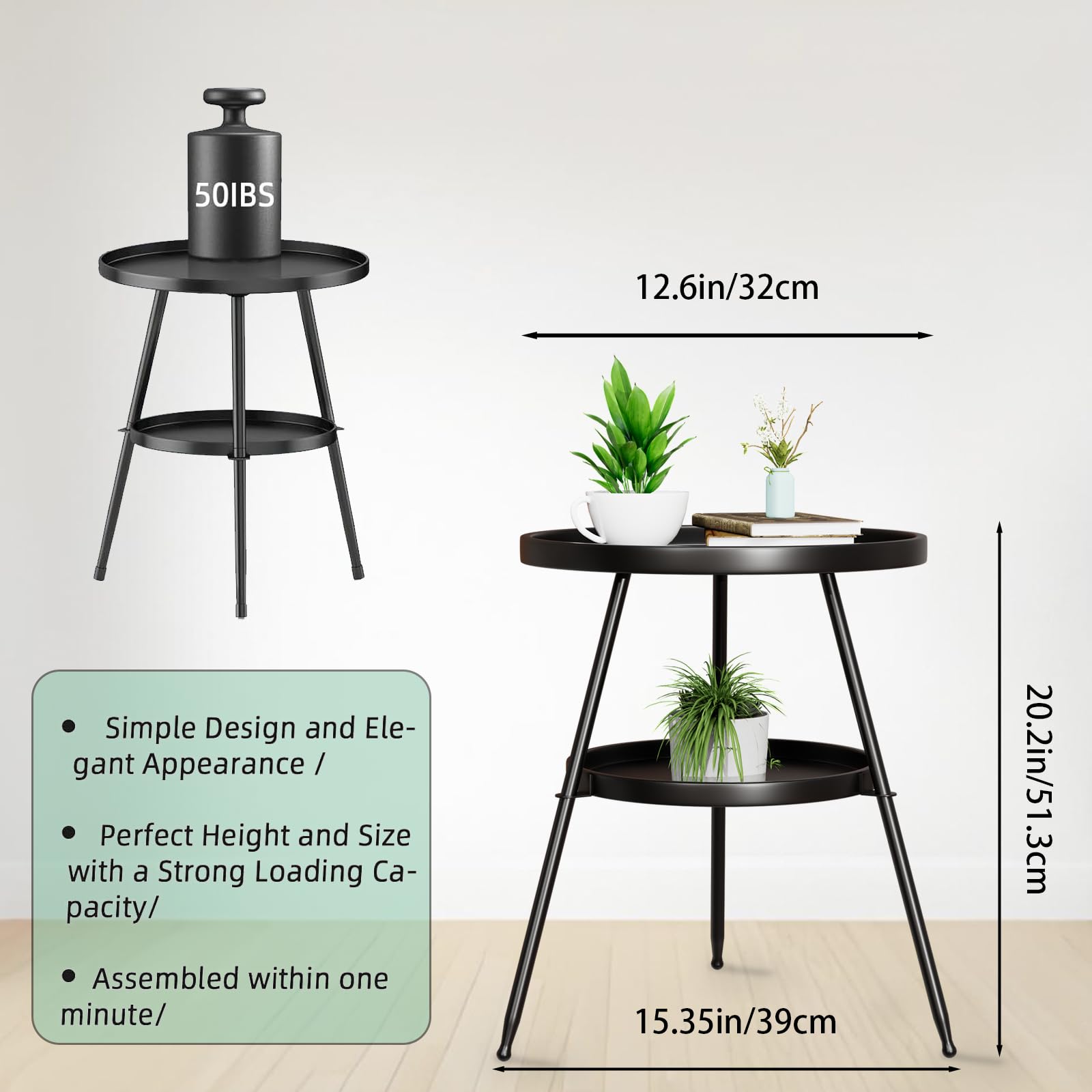 OUYPLTNY 2 Tier Round End Table,Black Small Side Table Round Metal Coffee Tables Nightstand for Small Spaces Indoor Outdoor and Living Room Bedroom or Office(2tier02)
