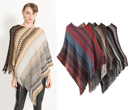 StylesILove Women Autumn Winter Knitted Zig-Zag Pullover Fringe Poncho Sweater Soft Wrap Cape Lightweight Shawl (Black)