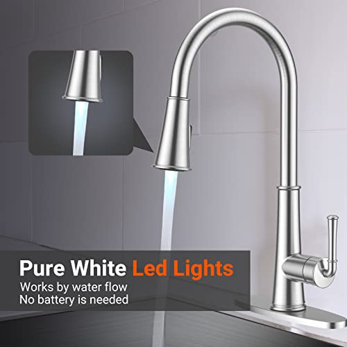 Kitchen Faucet with Pull Down Sprayer - LEPO Kitchen Sink Faucet with Led Light, Brushed Nickel, High Arc Commercial Stainless Steel Pull Out Rv Kitchen Faucet Bar(No Batteries Required)