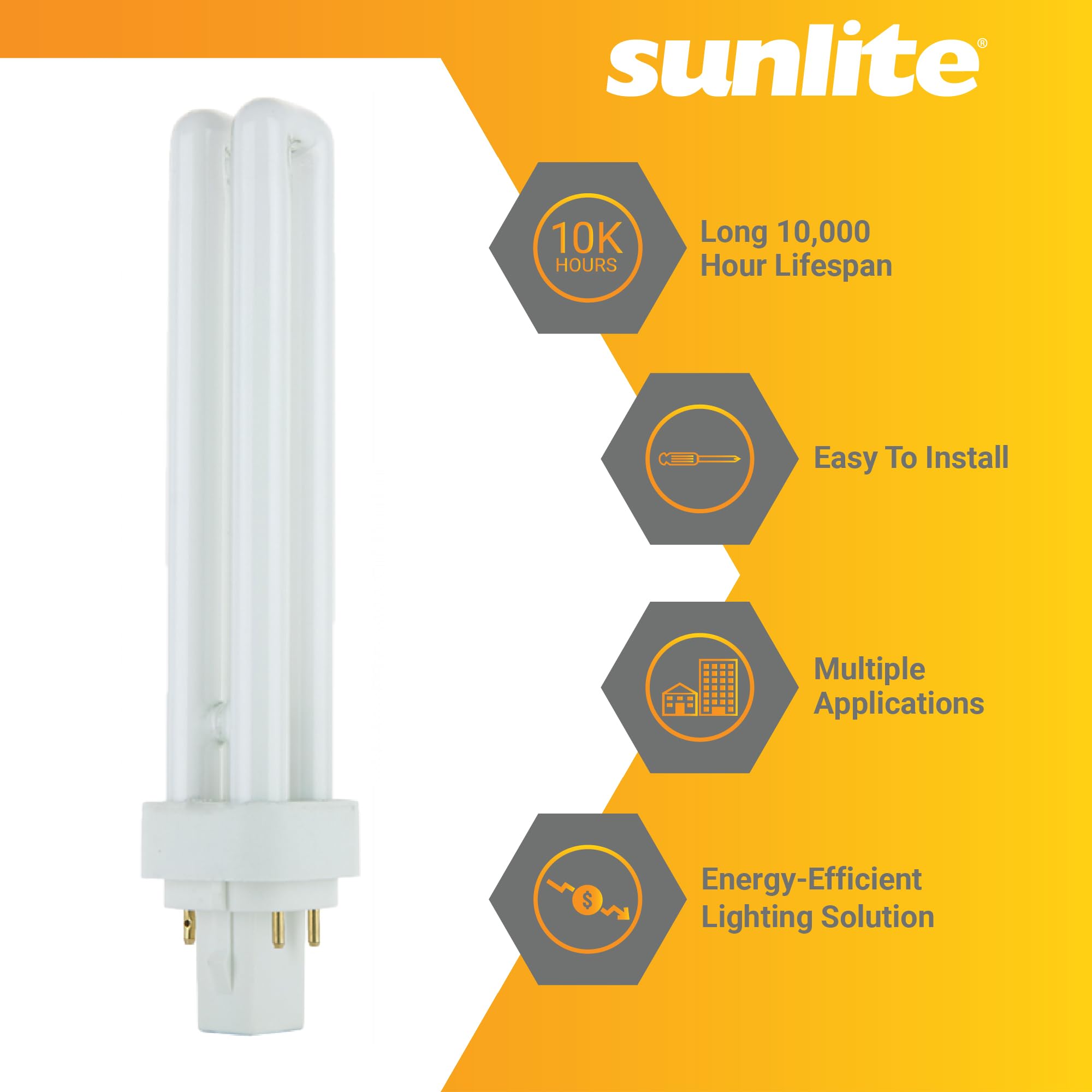 Sunlite PLD13/E/SP41K Compact Fluorescent PLD 4-Pin Double U-Shaped Twin Tube, 13 Watts, 120 Volts, 780 Lumens, 4100K Cool White, 4-Pin G24q1 Base, 10 Pack