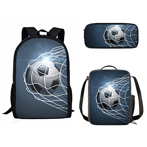 STUOARTE Soccer Ball Backpack for Boys, 3 Pcs 3D Soccer Ball School Bags with Lunch Box Pencil Case for Teens Children, Lightweight Large Students Shoulder Bookbag for Middle School