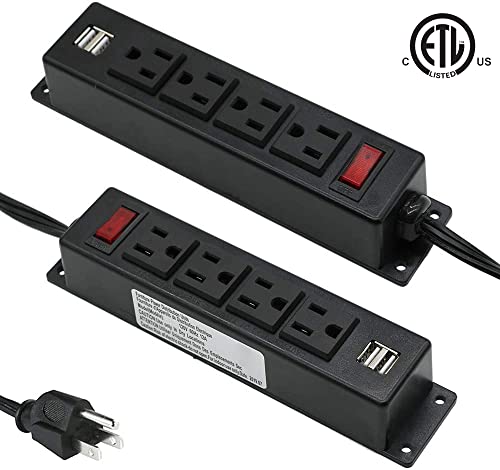 Mountable Power Strip with USB Ports,Wall Mount Power Outlets Screw Down Power Socket in Desk Under Cabinet Power Station 4AC Outlet 2 USB 6.56 Feet Extension Cord, On&Off Switch